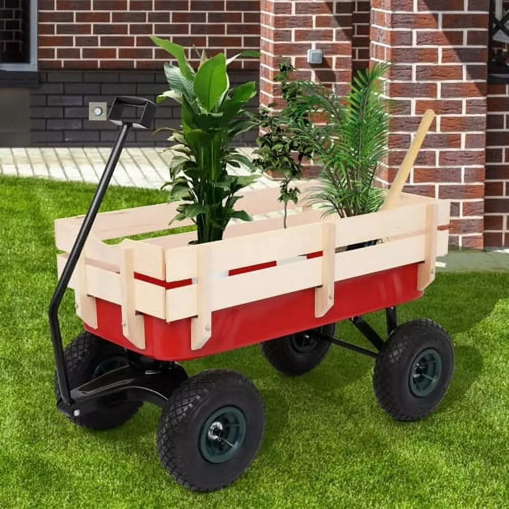 Ktaxon Garden Wagon Wood Wagon ALL Terrain Pulling Red W/ Wood Railing ...