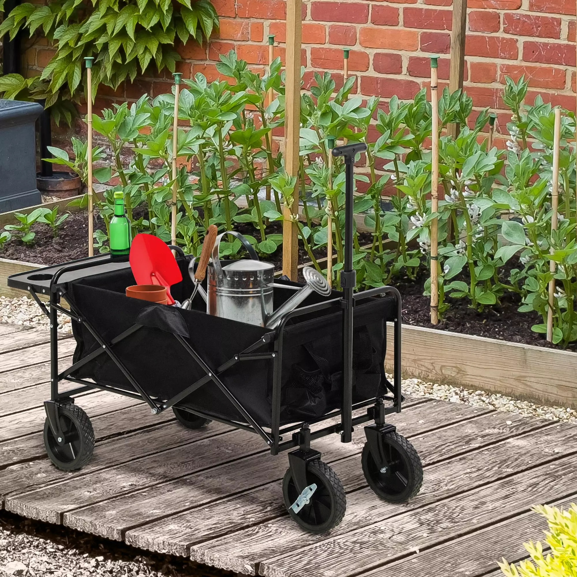 Outsunny Foldable Wagon Graden Carts With Wheels And Side Table. Black ...