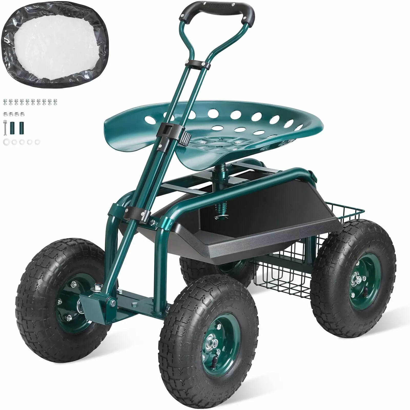 Rolling Garden Cart With Seat And Wheels Extendable Steer Handle Green ...