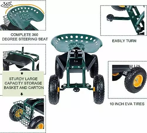 Steerable Rolling Work Seat Garden Stool Cart With Tool Tray And ...
