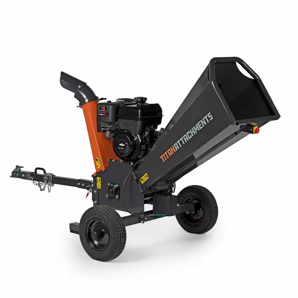 Titan Attachments 420cc 5in Diameter Tow-Behind Wood Chipper Shredder. 15HP Engine. Electric ...